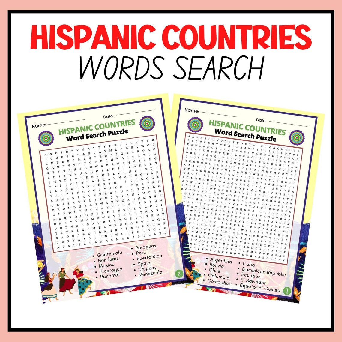 National Hispanic Heritage Month Word Search Puzzles Hispanic Countries ...