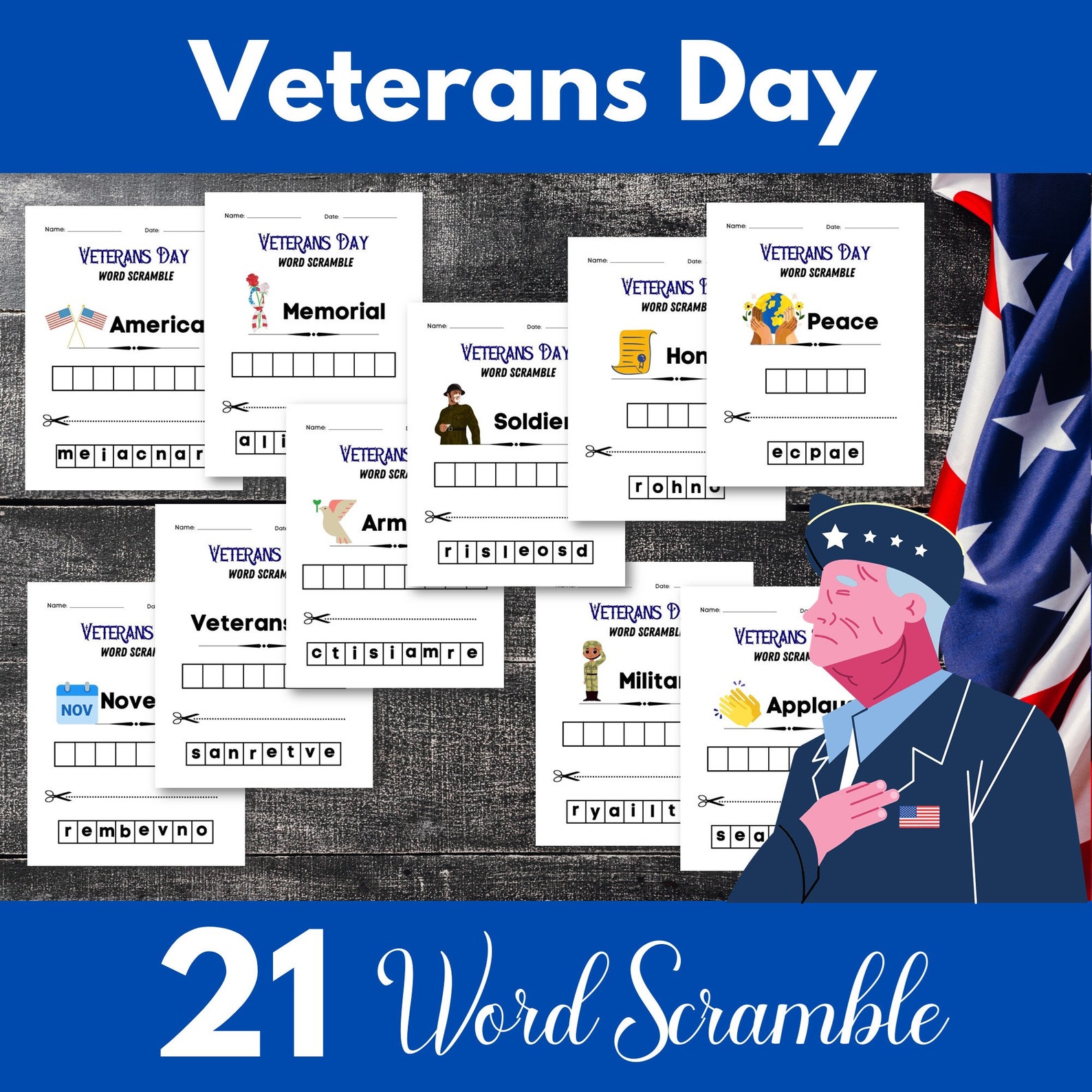 Veterans Day Word Scramble Puzzle | Patriotic Veterans Day Word ...