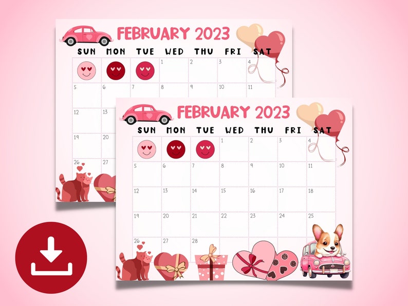 Printable Valentine's Day Themed February Calendar 2023 - Etsy
