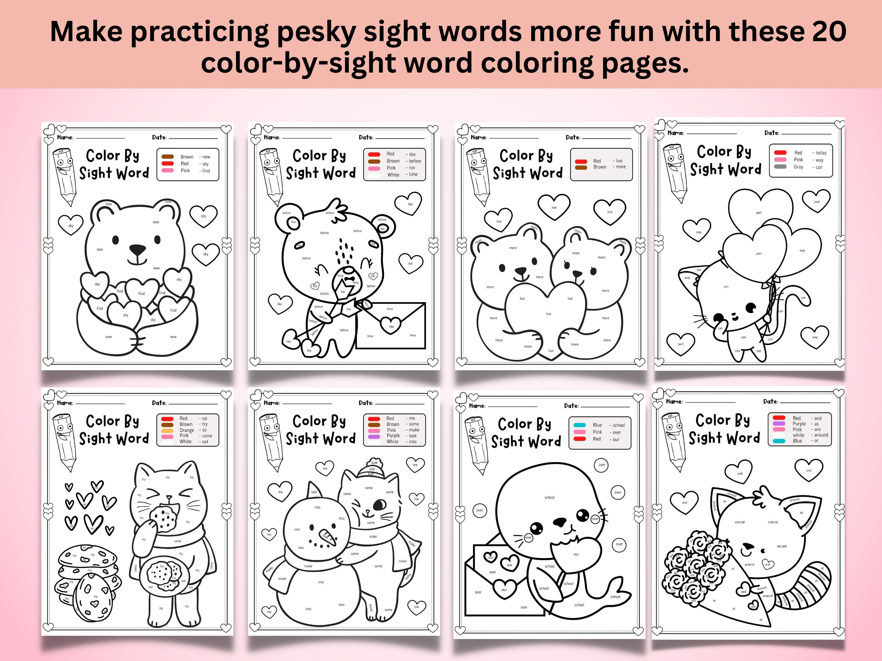 Printable Valentine's Day Color by Sight Word Coloring Pages Valentines ...