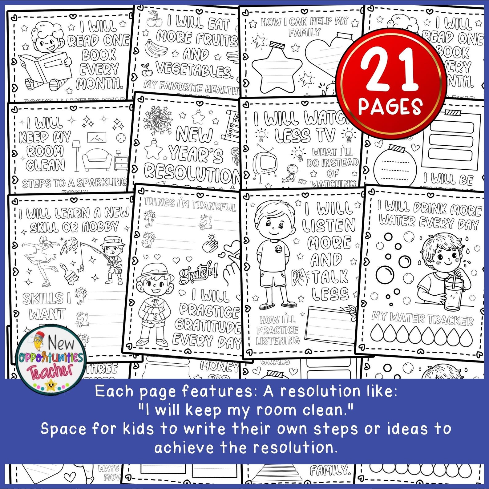 New Year's Resolutions Coloring Pages, Goal Setting Activity (PDF) - Etsy