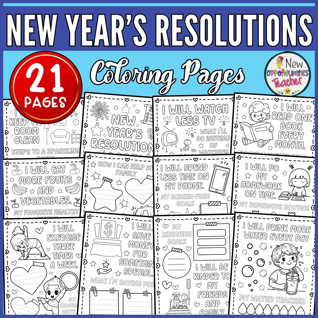 New Year's Resolutions Coloring Pages, Goal Setting Activity (PDF) - Etsy