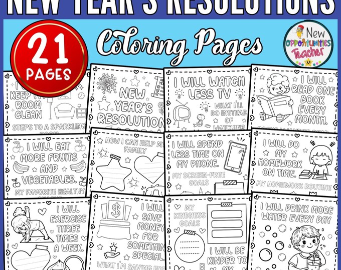 New Year's Resolutions Coloring Pages, Goal Setting Activity (PDF) - Etsy