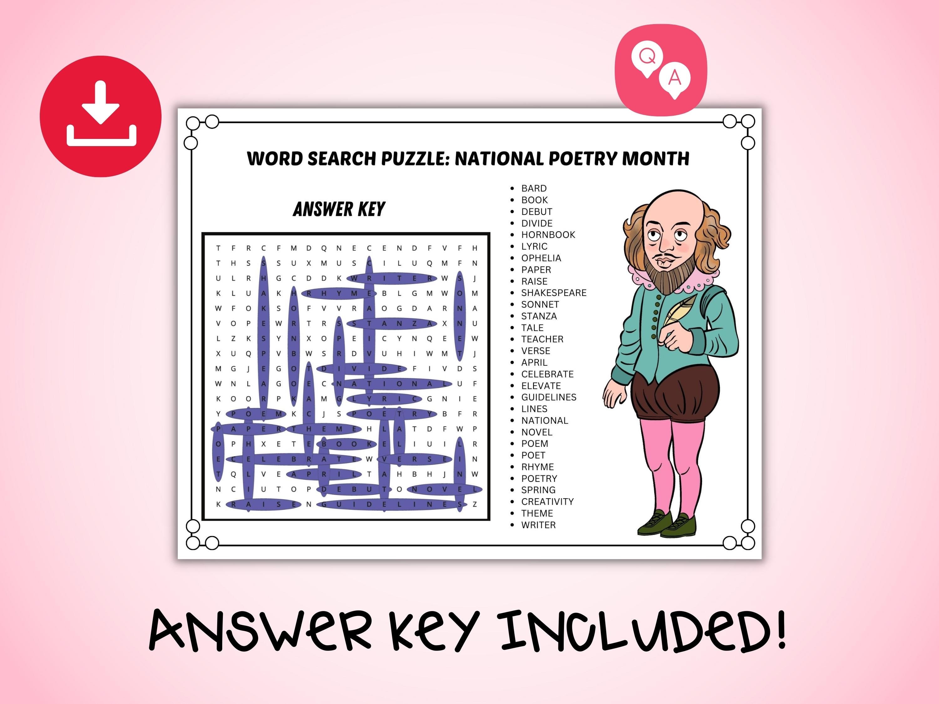 National Poetry Month Word Search Puzzle Answer Key Included ...