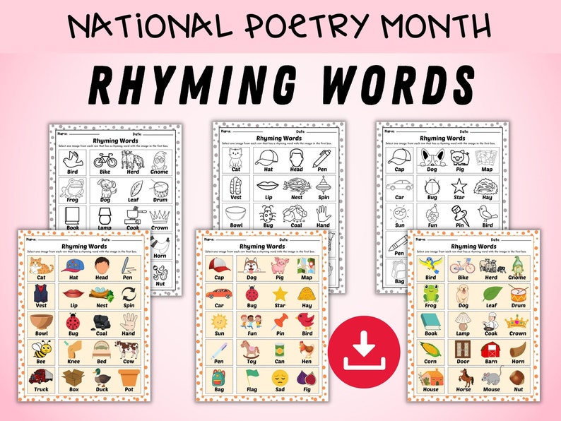 Rhyming Words Worksheets for Kindergartners National Poetry Month ...