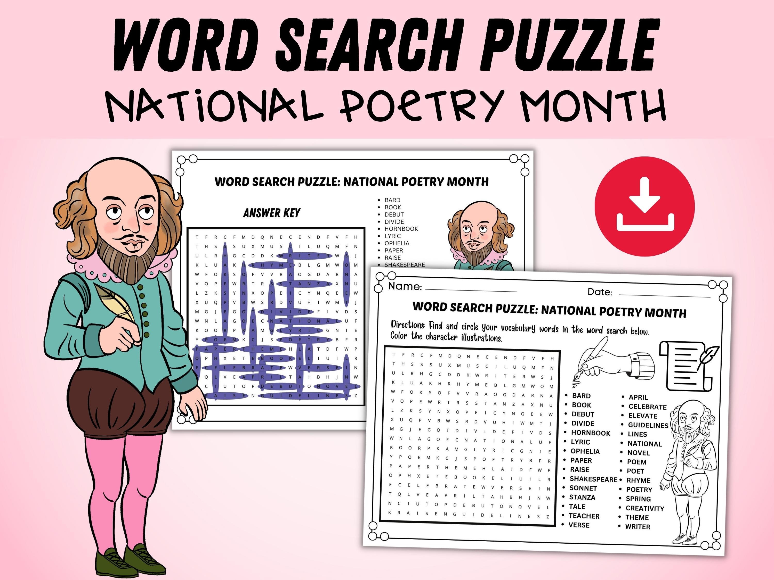 National Poetry Month Word Search Puzzle | Answer Key Included ...