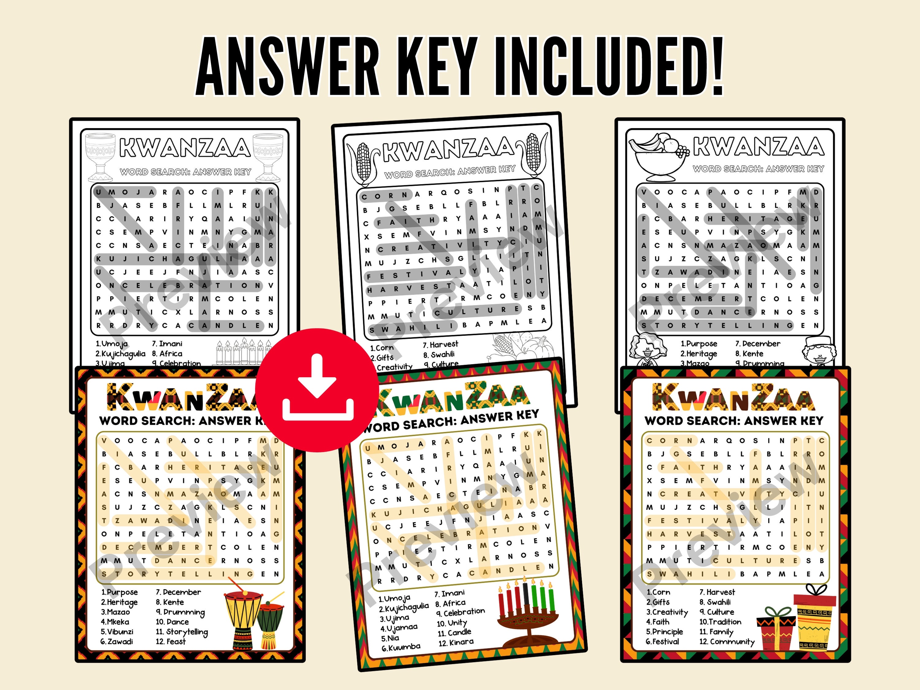 Kwanzaa Principles Word Search Activity Pack Fun and Educational ...