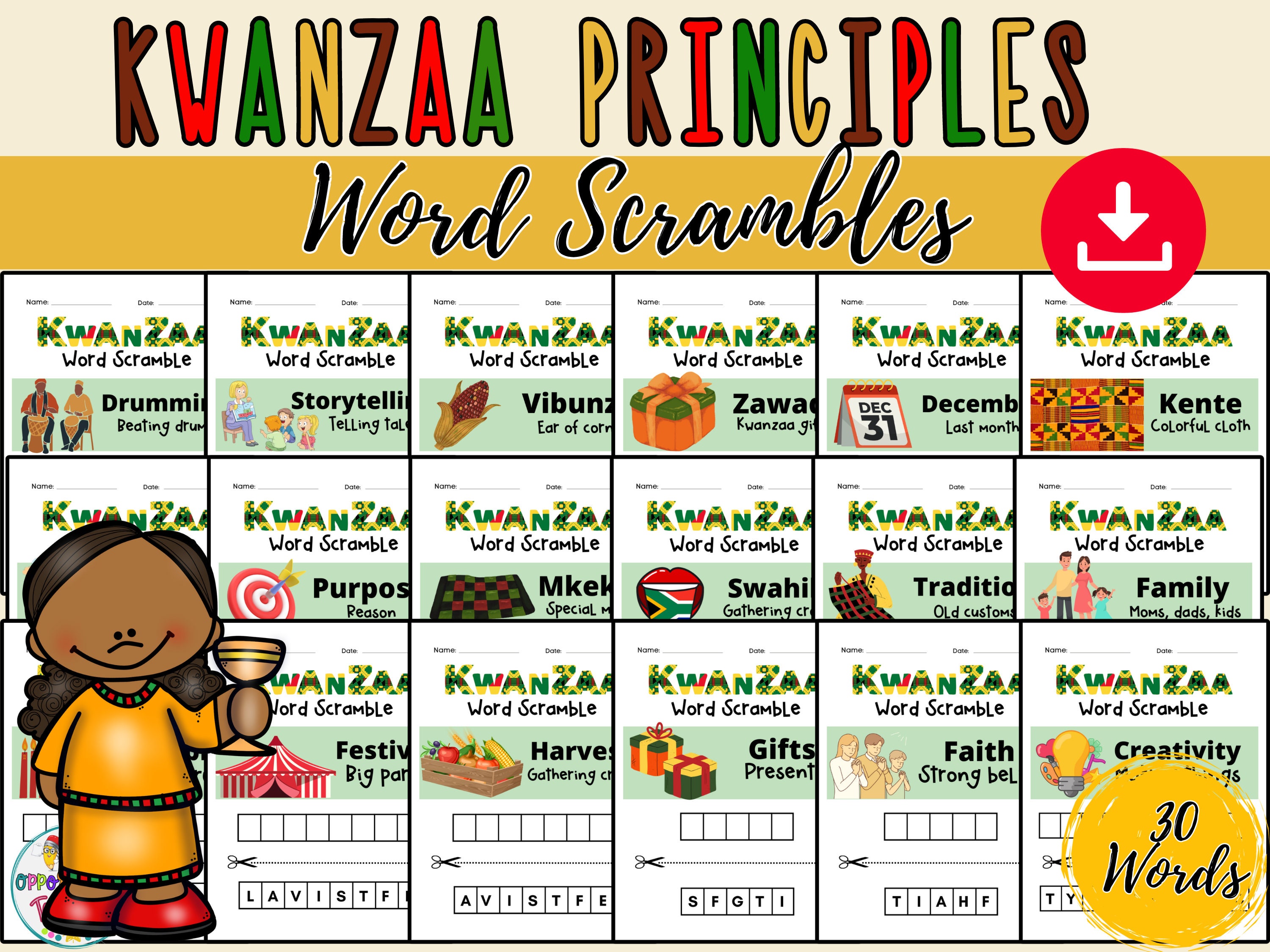 Kwanzaa Principles Activities & Bulletin Board Set BUNDLE Word Search ...