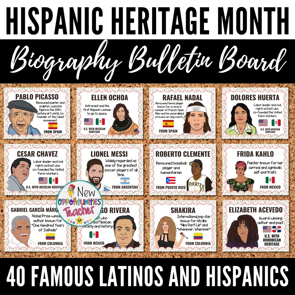 Hispanic Heritage Month Classroom Bulletin Board Set 40 Iconic Figures