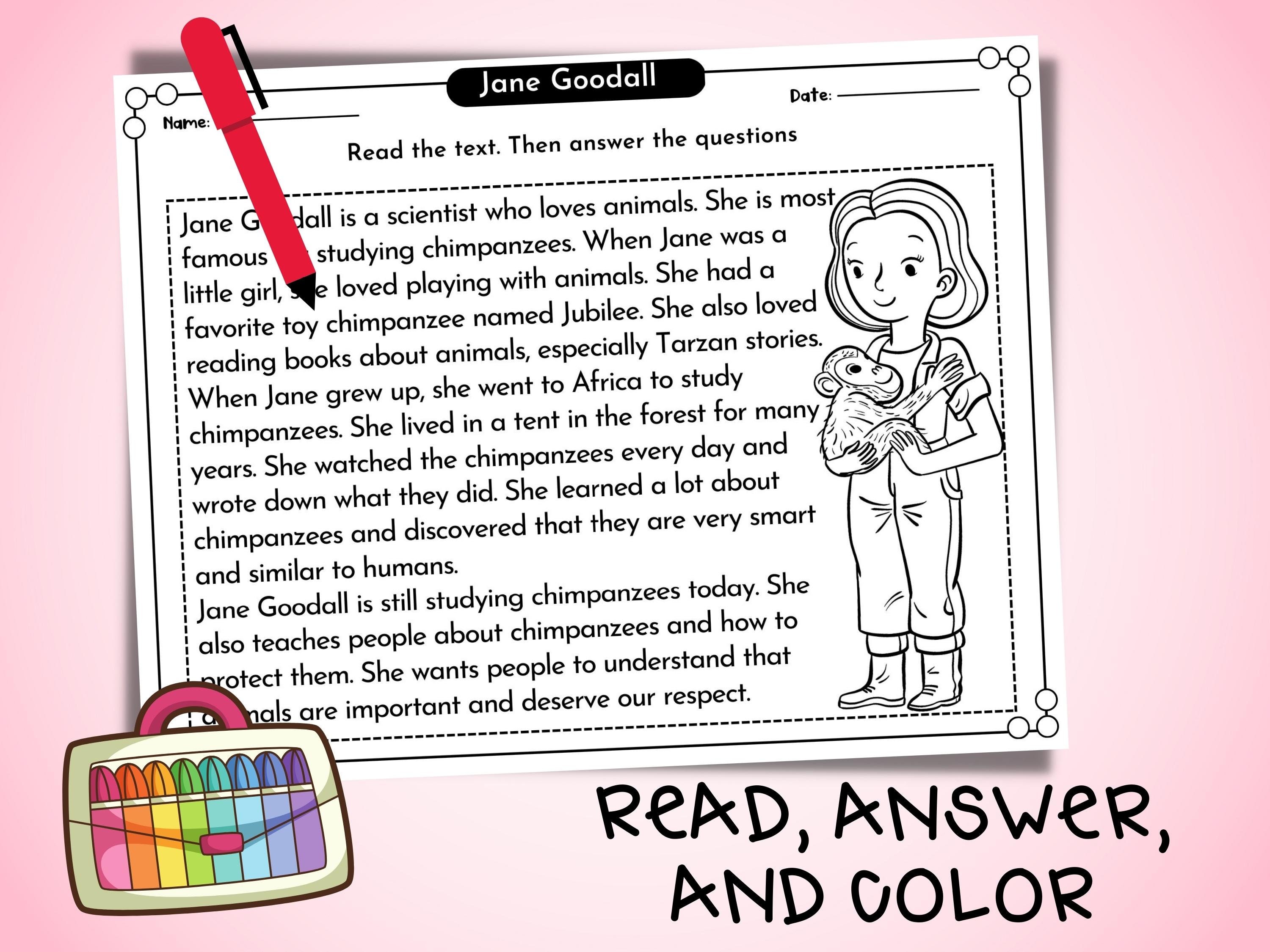 Jane Goodall Reading Comprehension Passage Women History Month ...