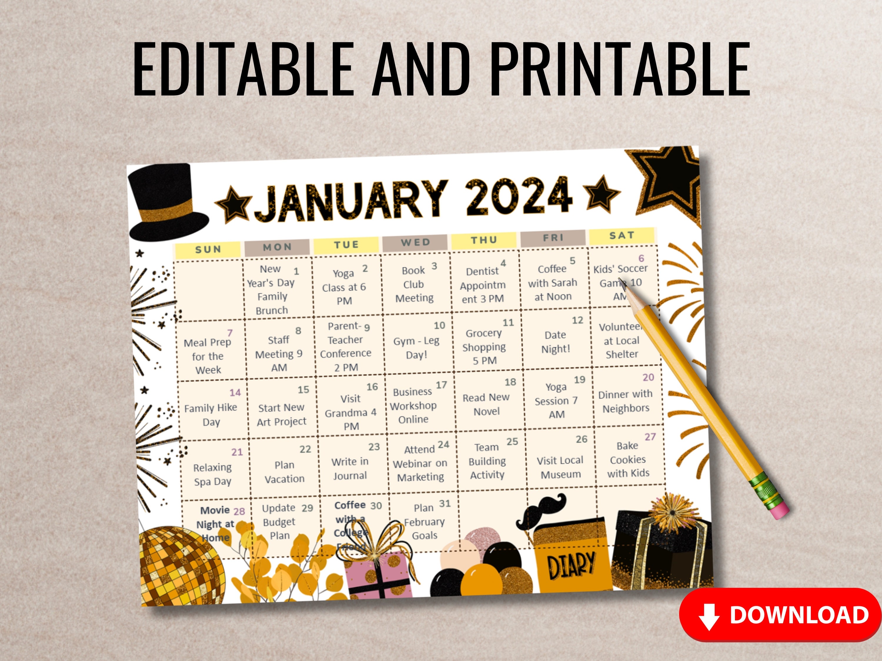 January 2024 Calendar Editable and Printable Powerpoint & PDF - Instant ...