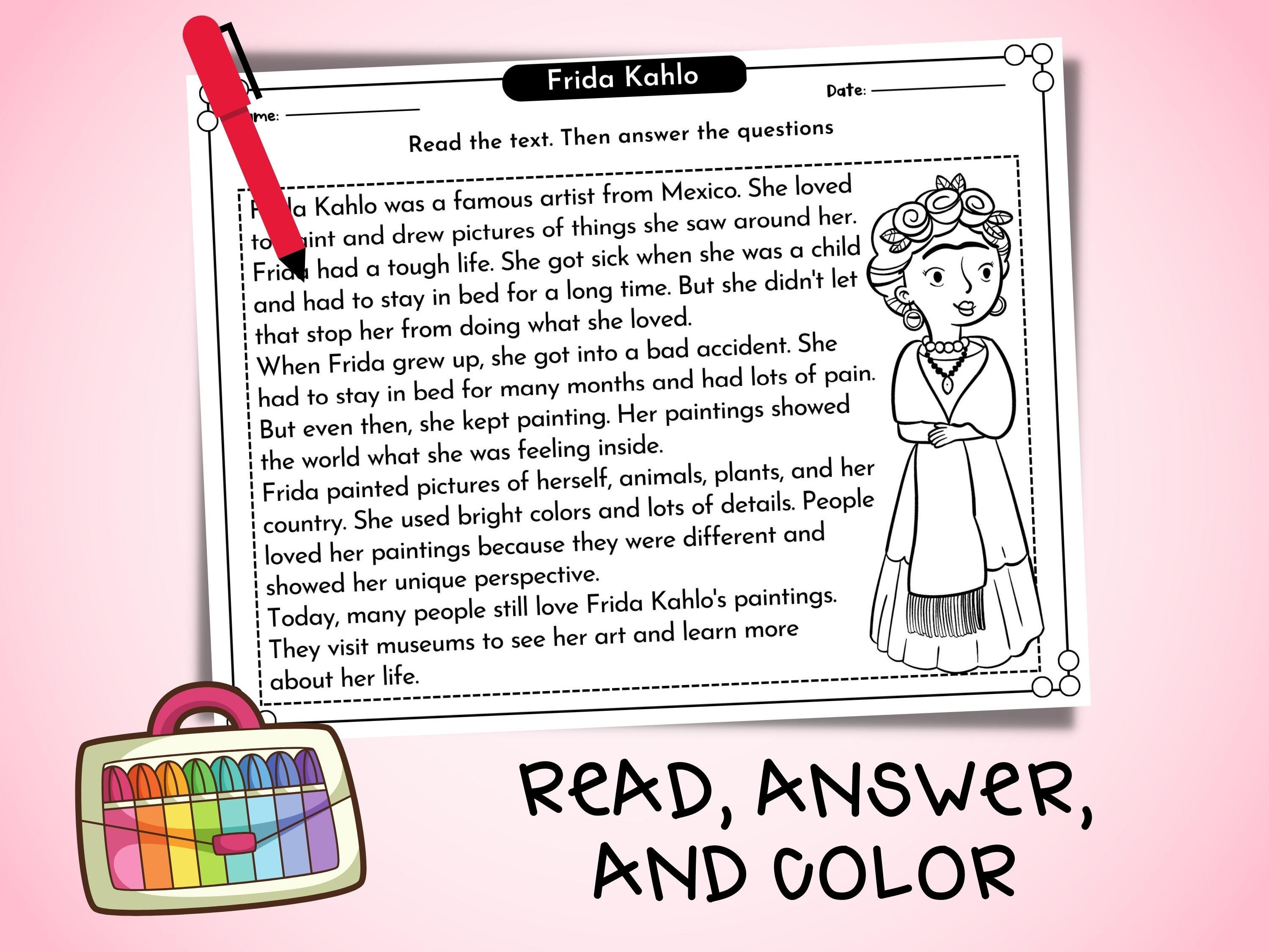 Frida Kahlo Reading Comprehension Passage Women History Month ...