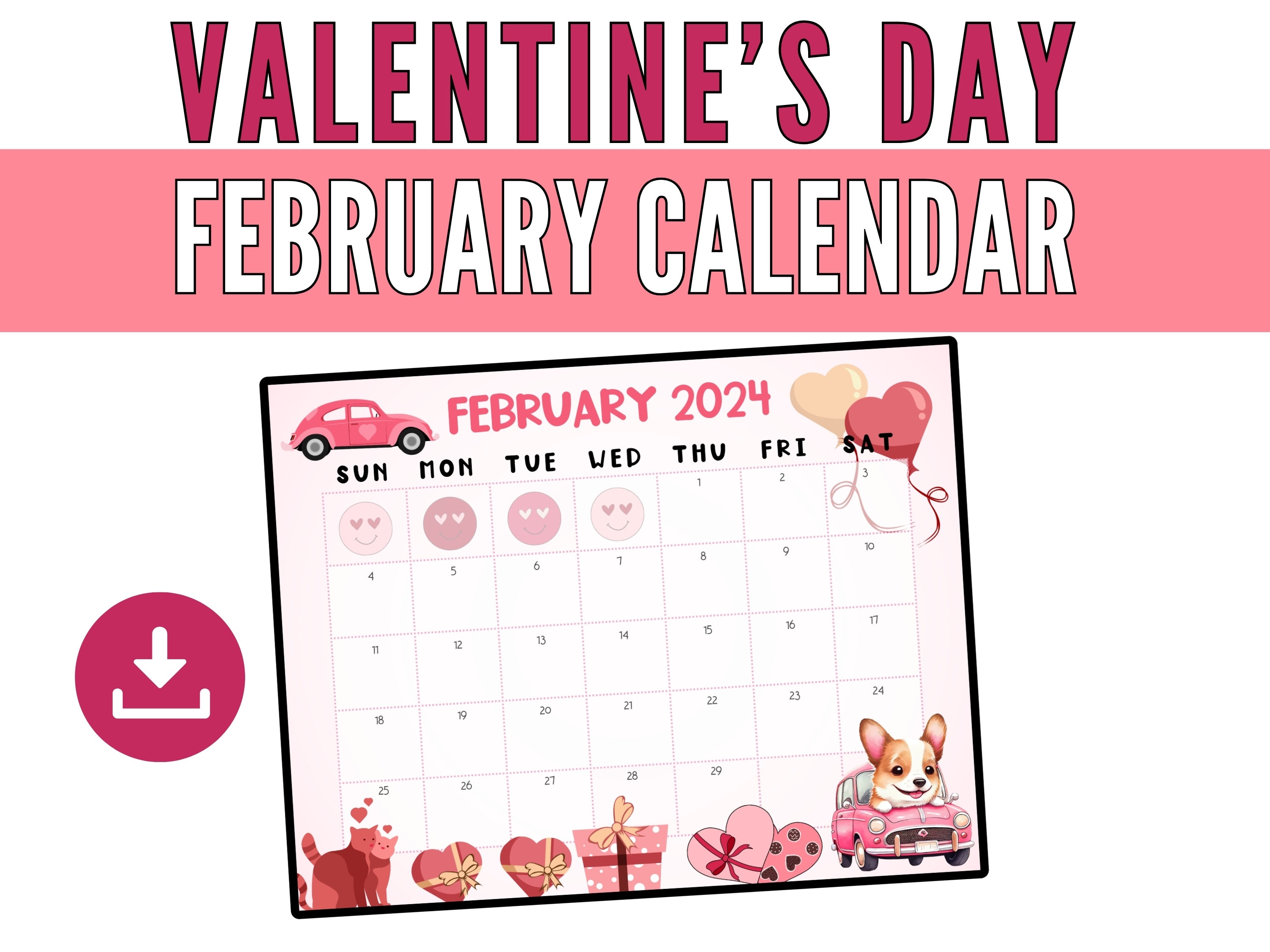 Printable Valentine's Day Themed February Calendar 2024, Printable ...