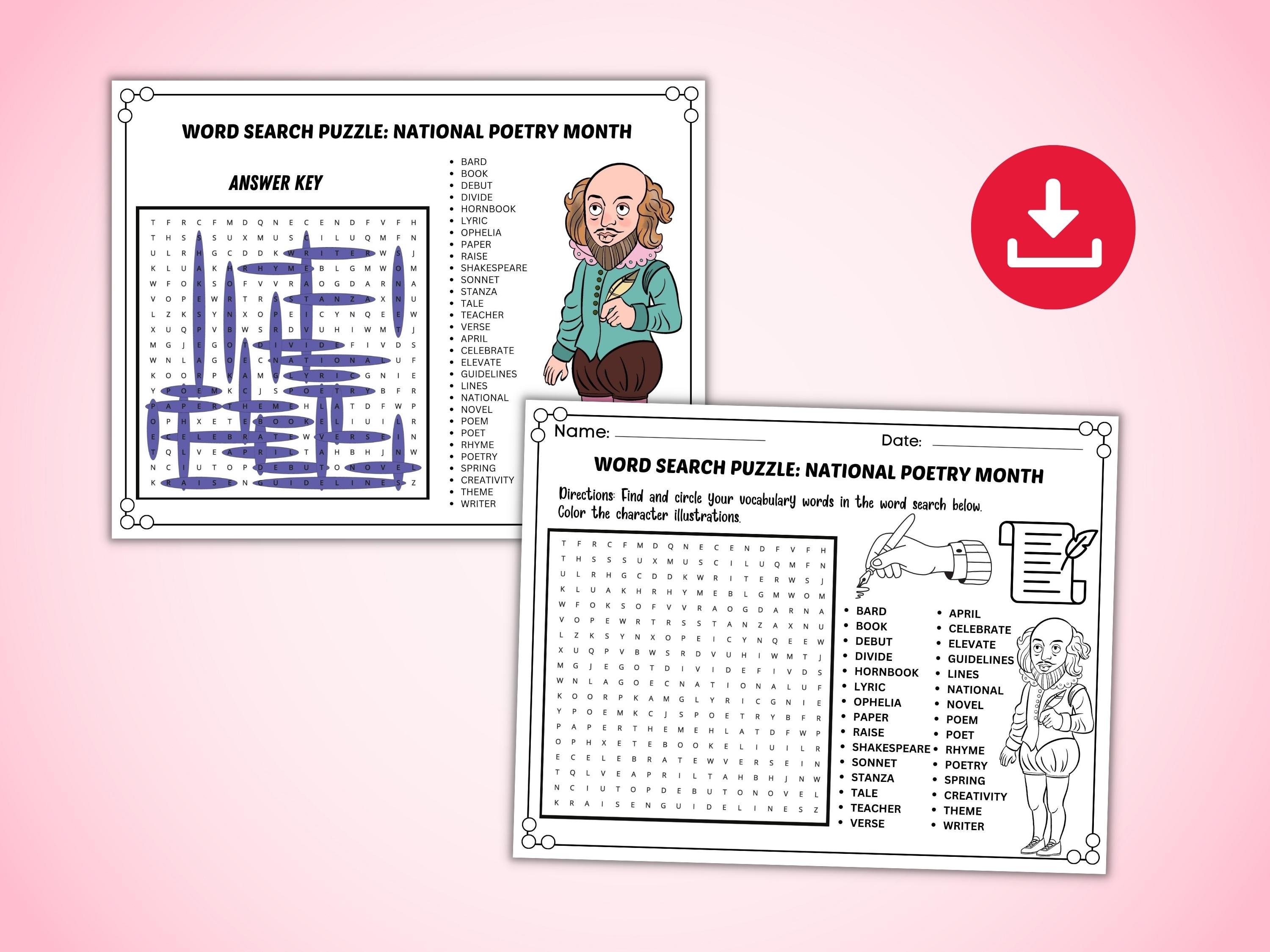 National Poetry Month Word Search Puzzle | Answer Key Included ...