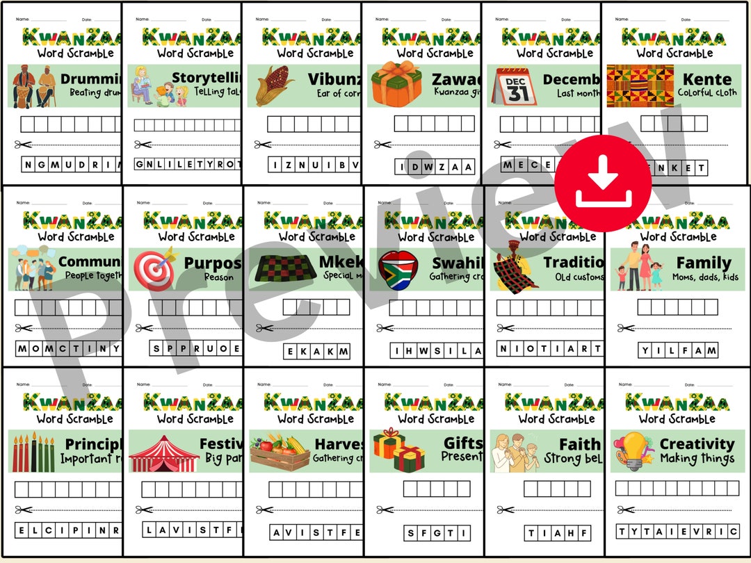Kwanzaa Principles Word Scramble Challenge - 30 Word Scramble Game ...