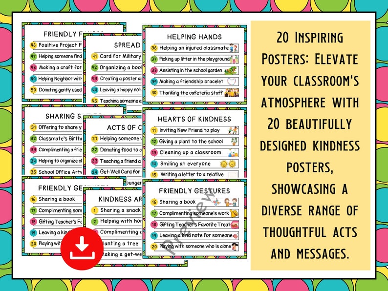 100 Acts of Kindness Posters for 100 Days of School Printable Classroom ...
