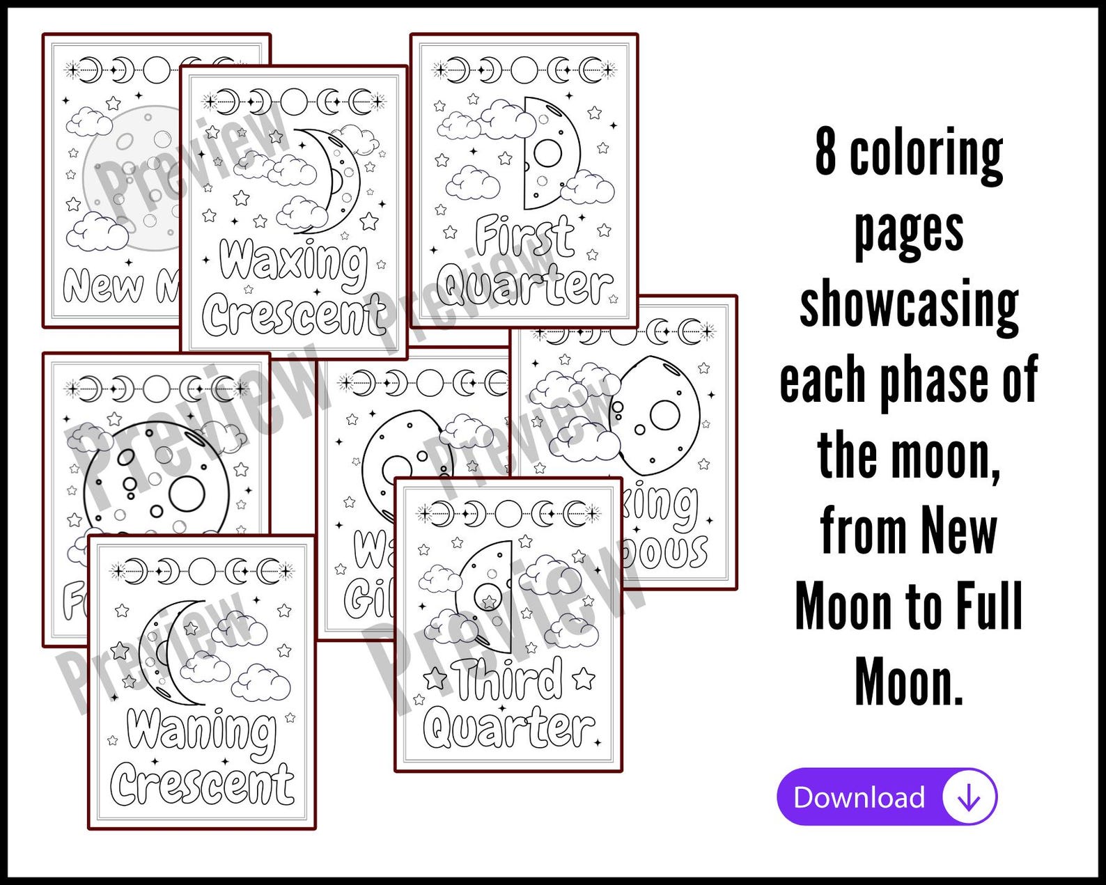 Moon Phases Coloring Pages | Mid-autumn Festival Activity (digital ...