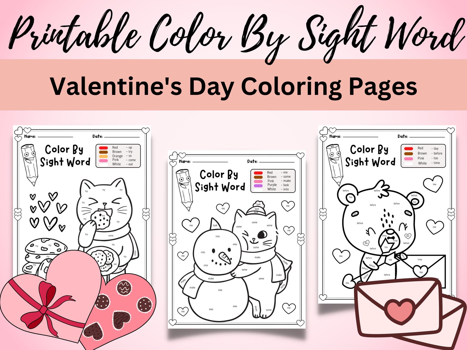 Printable Valentine's Day Color by Sight Word Coloring Pages Valentines ...
