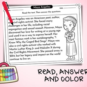 Maya Angelou Reading Comprehension Passage | Women History Month ...