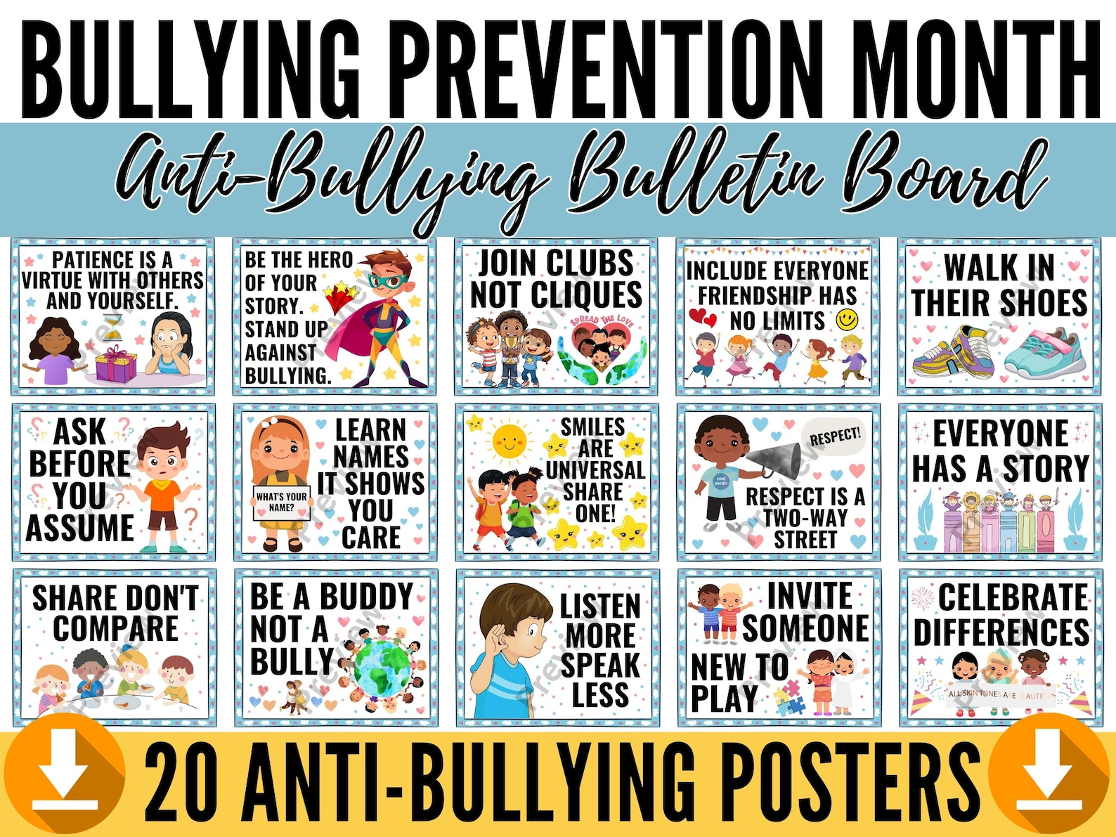 National Bullying Prevention Month Bulletin Board Set - 20 Anti ...