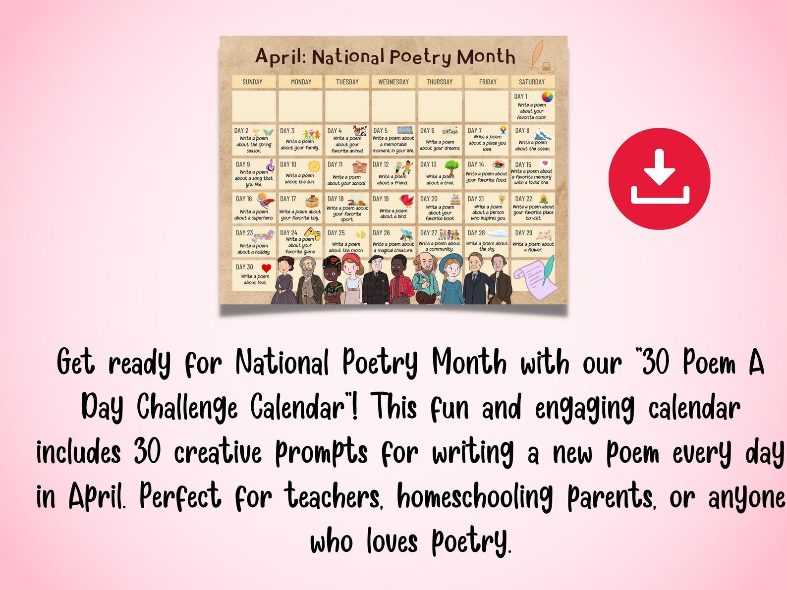 Printable Poem A Day Challenge April Calendar 2023 | National Poetry ...