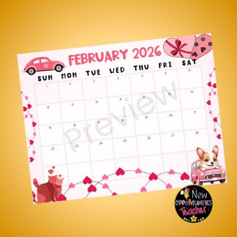 Valentine's Day February 2026 Calendar, Classroom Calendar Printable ...
