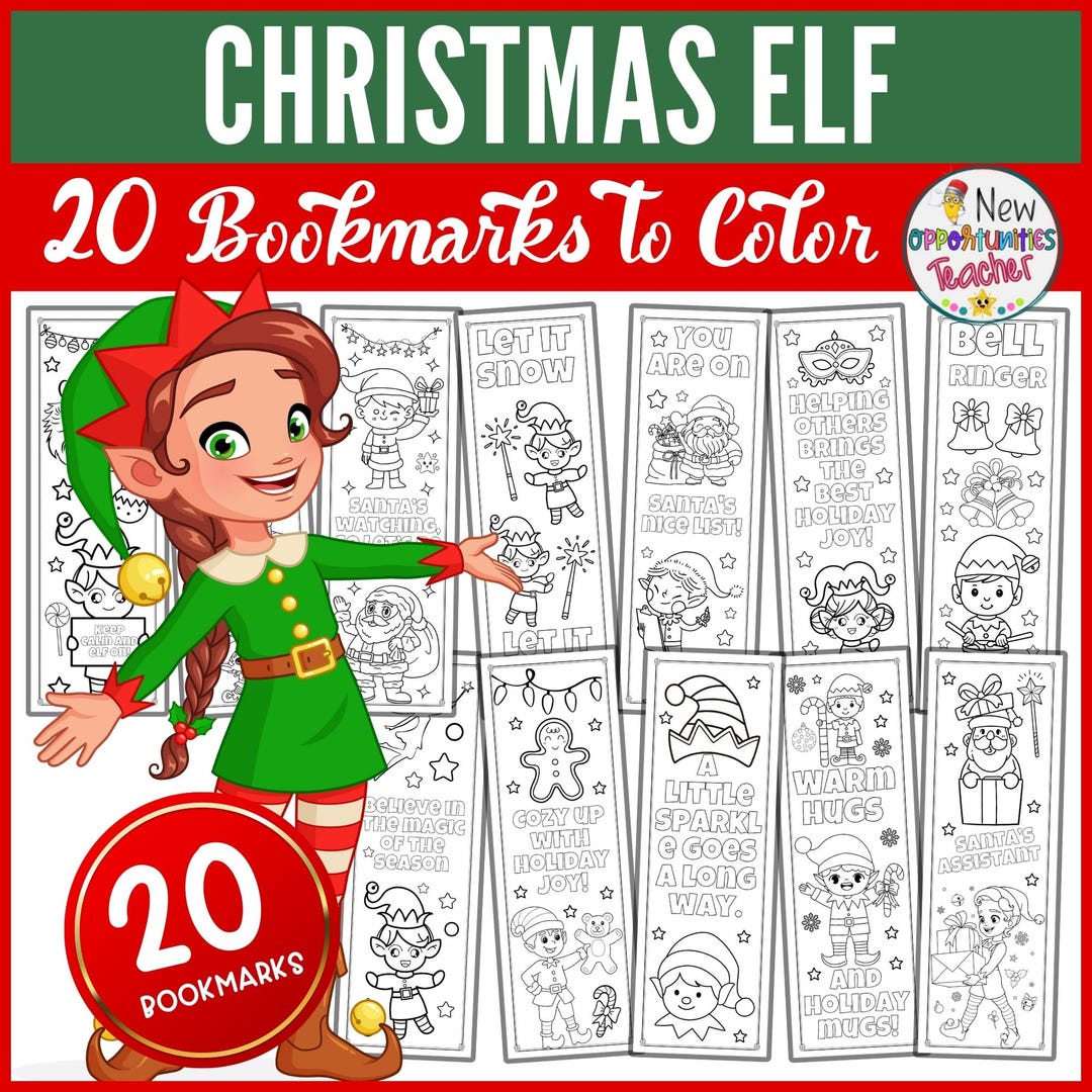 Christmas Elf Coloring Bookmarks, Holiday Elves Bookmark, Printables ...