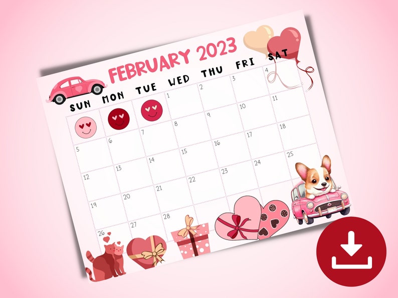 Printable Valentine's Day Themed February Calendar 2023 - Etsy