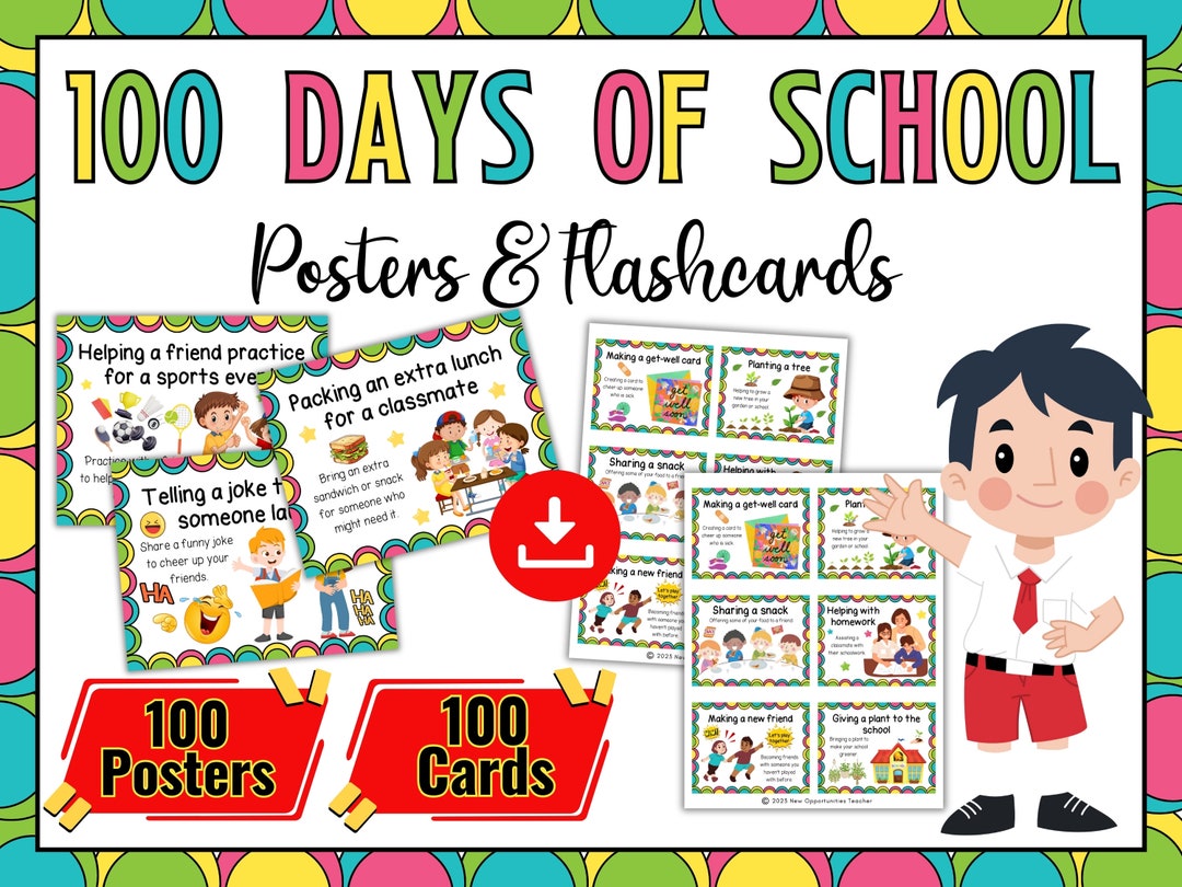 100 Acts of Kindness Posters & Bonus Flashcards Celebrate 100 Days of ...