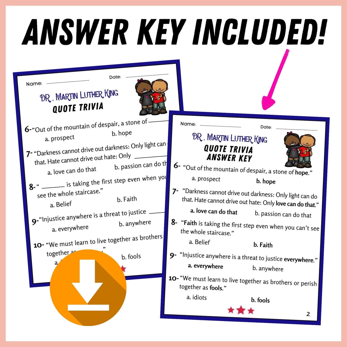 Martin Luther King JR Quote Trivia MLK Day Quotes Activity Black ...