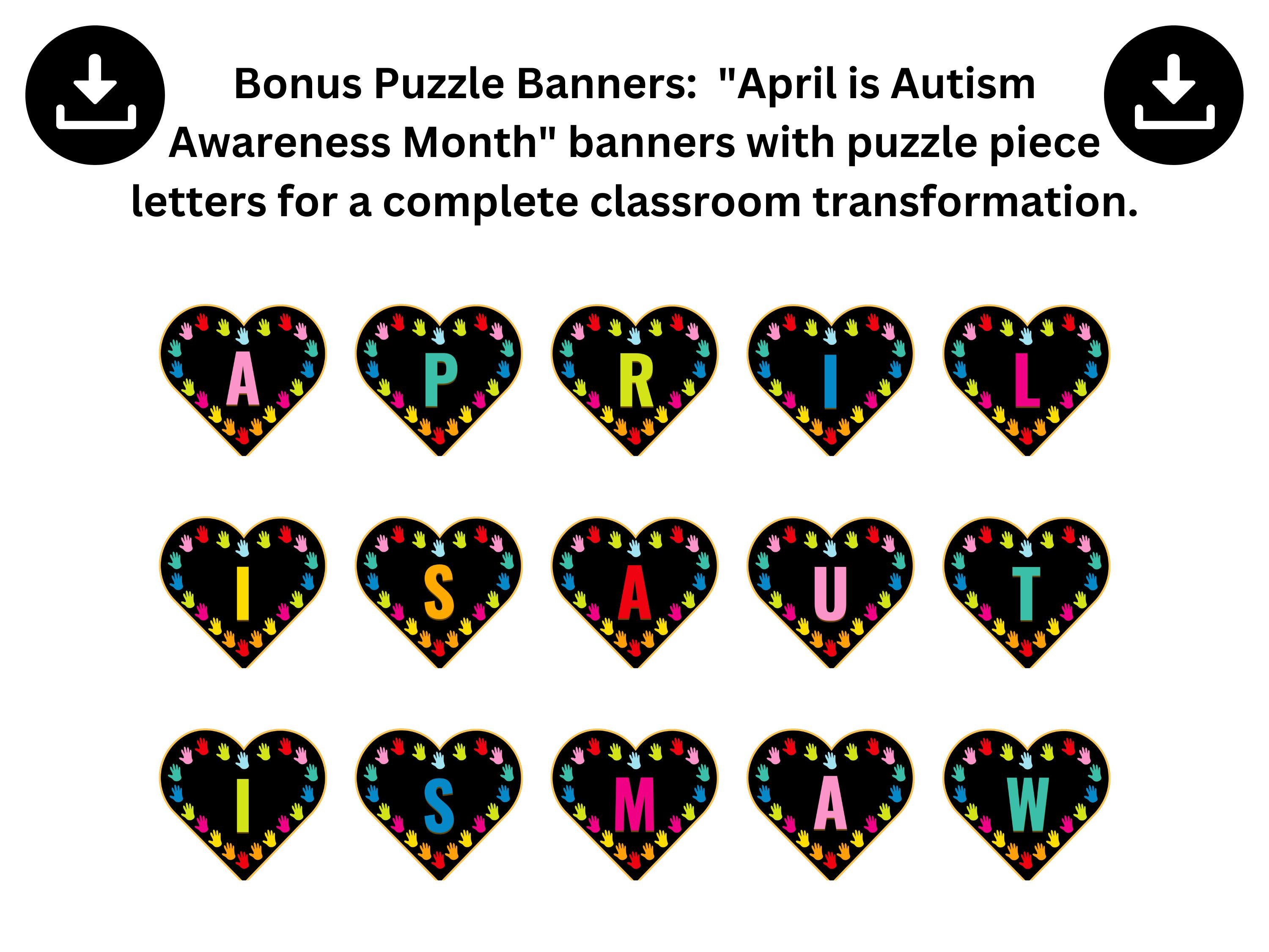 Autism Awareness Month Bulletin Board, Puzzle Banners, April Classroom ...