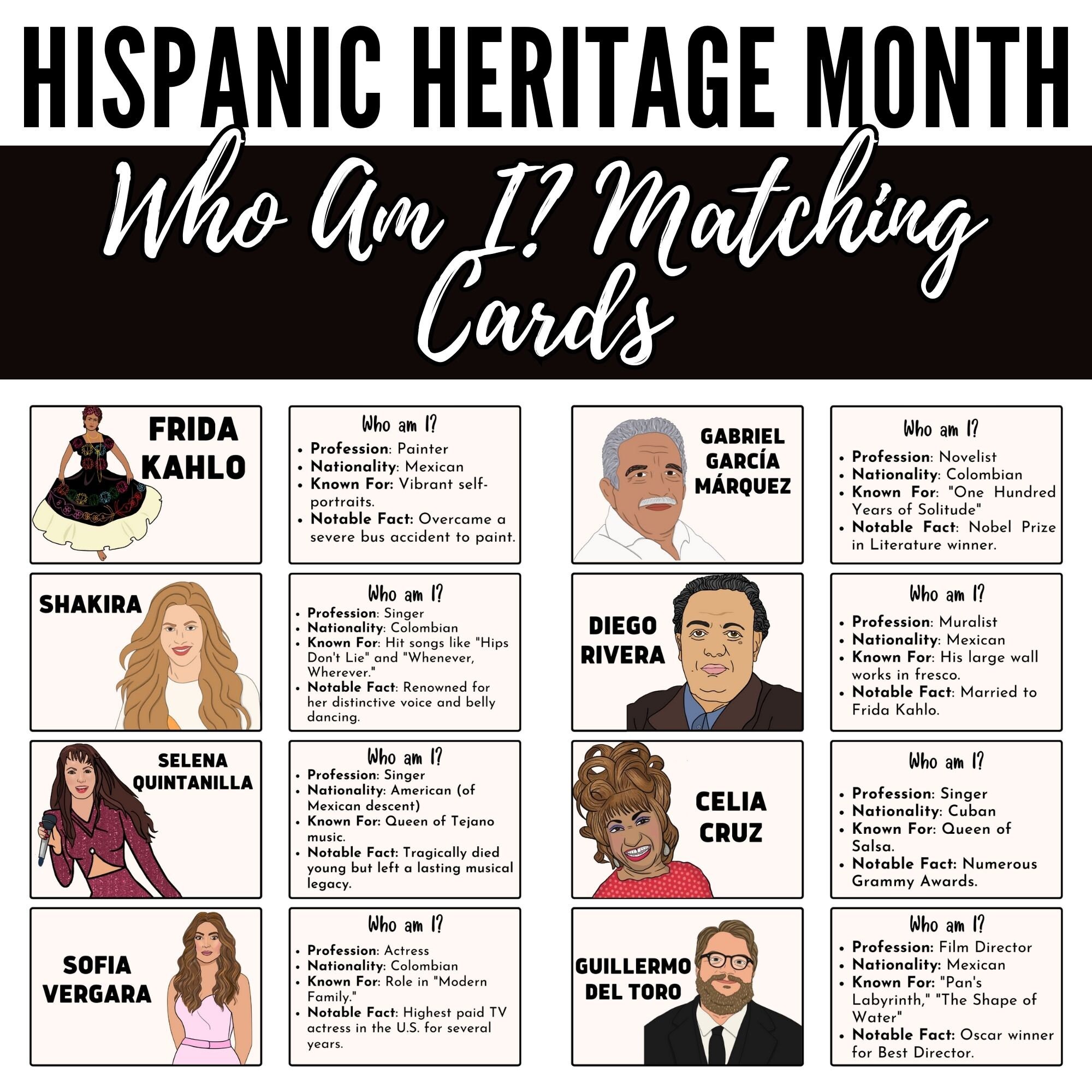Who Am I Matching Cards Hispanic Heritage Month Matching Cards Hispanic ...