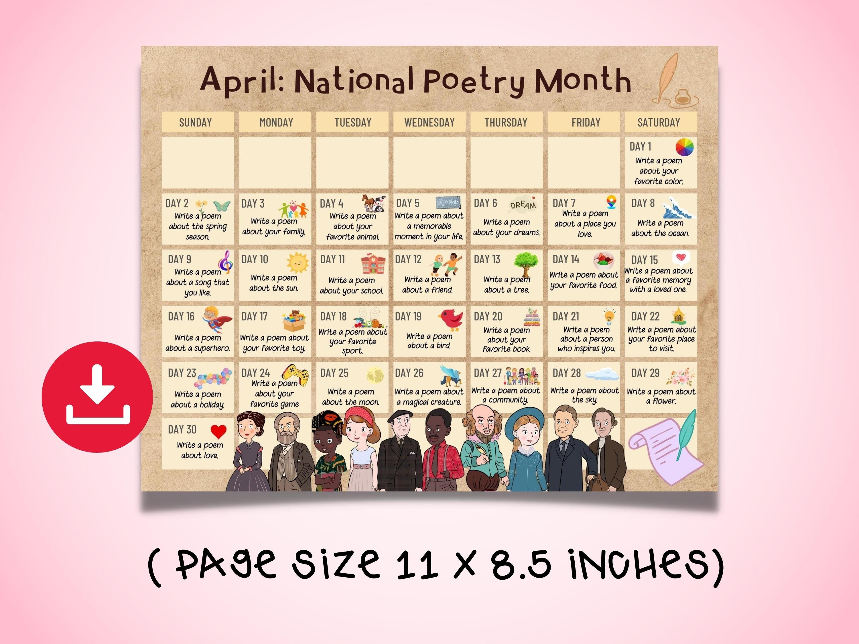 Printable Poem A Day Challenge April Calendar 2023 | National Poetry ...