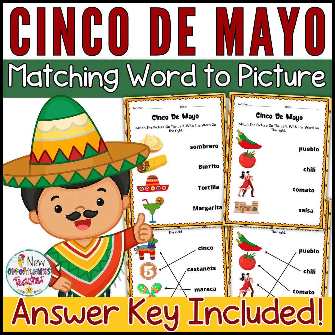 Printable Cinco De Mayo May 5 Matching Word to Picture Worksheets ...