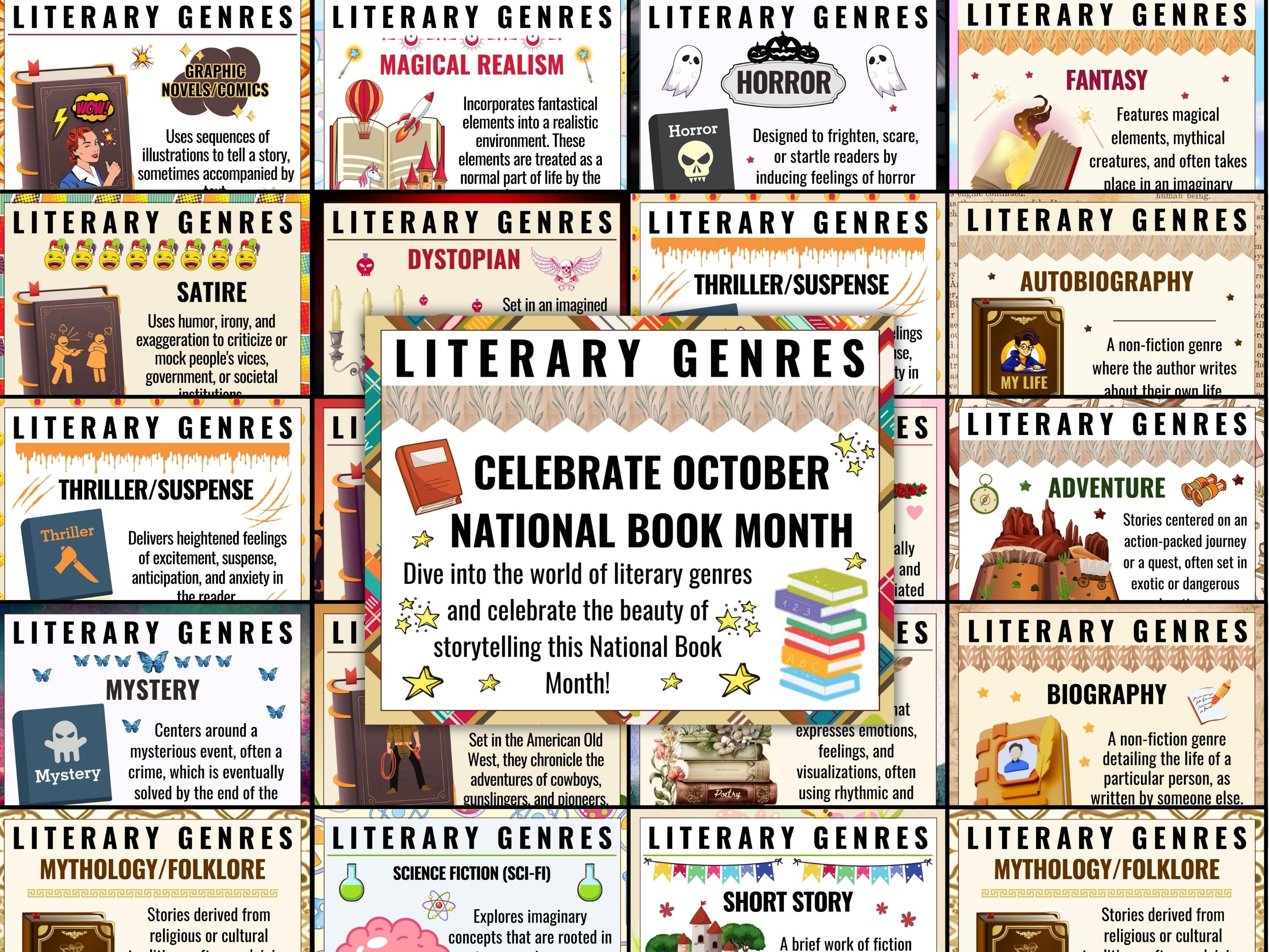 National Book Month Bulletin Board Set - Literary Genres Posters ...