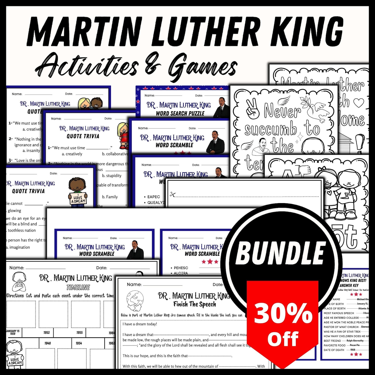 Martin Luther King JR Quote Trivia MLK Day Quotes Activity Black ...