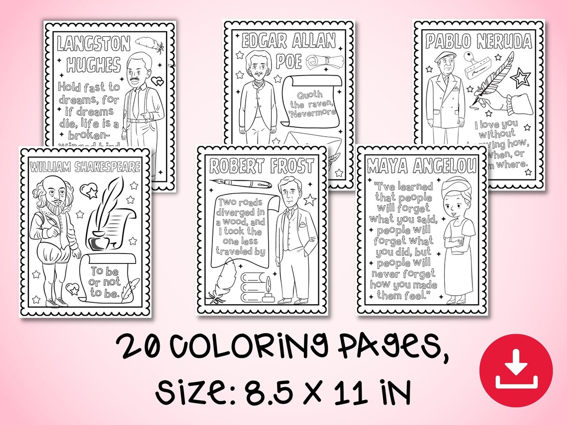 National Poetry Month Coloring Pages Famous Poets Coloring Sheets ...