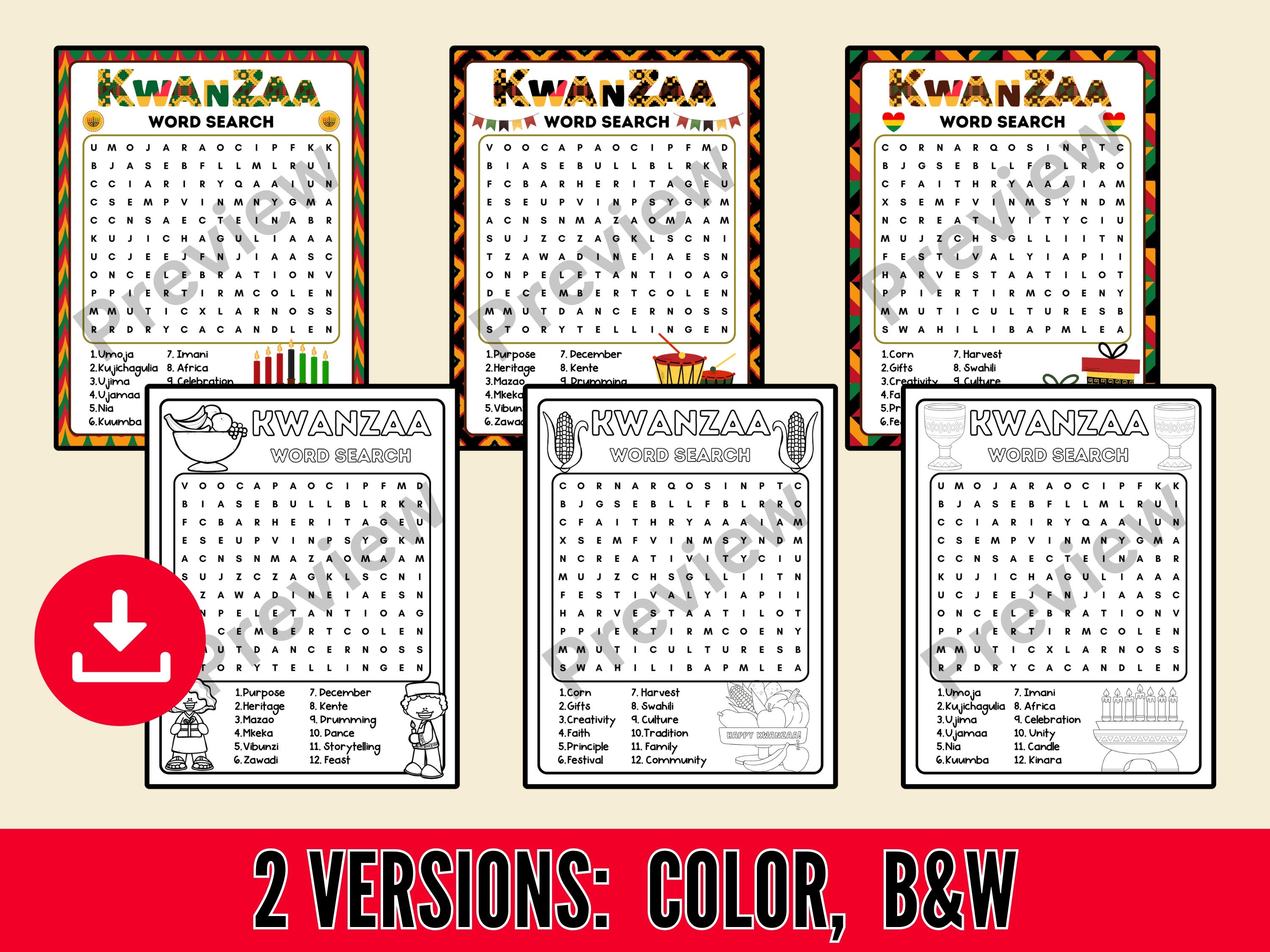 Kwanzaa Principles Word Search Activity Pack Fun and Educational ...