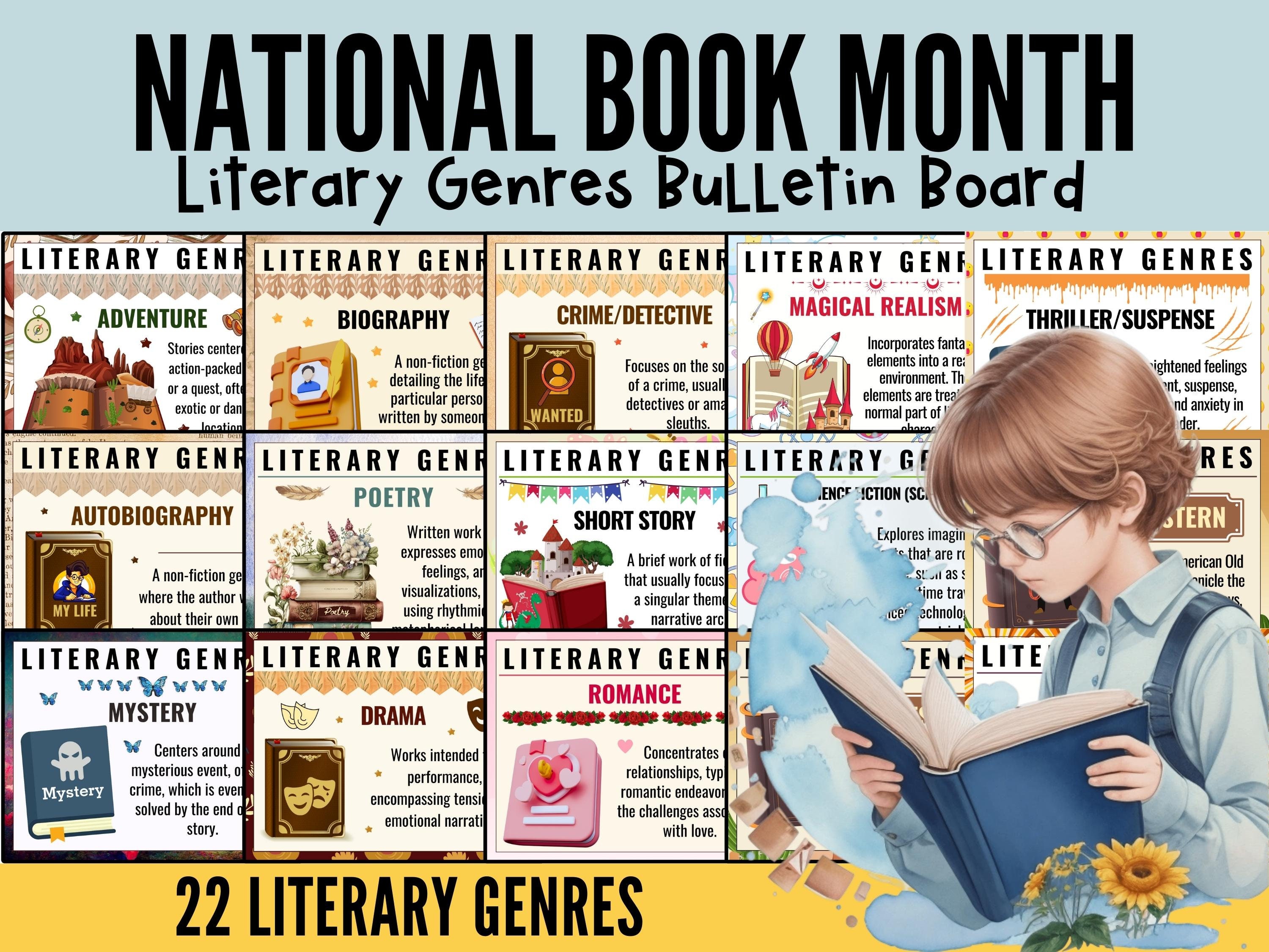 National Book Month Bulletin Board Set - Literary Genres Posters ...