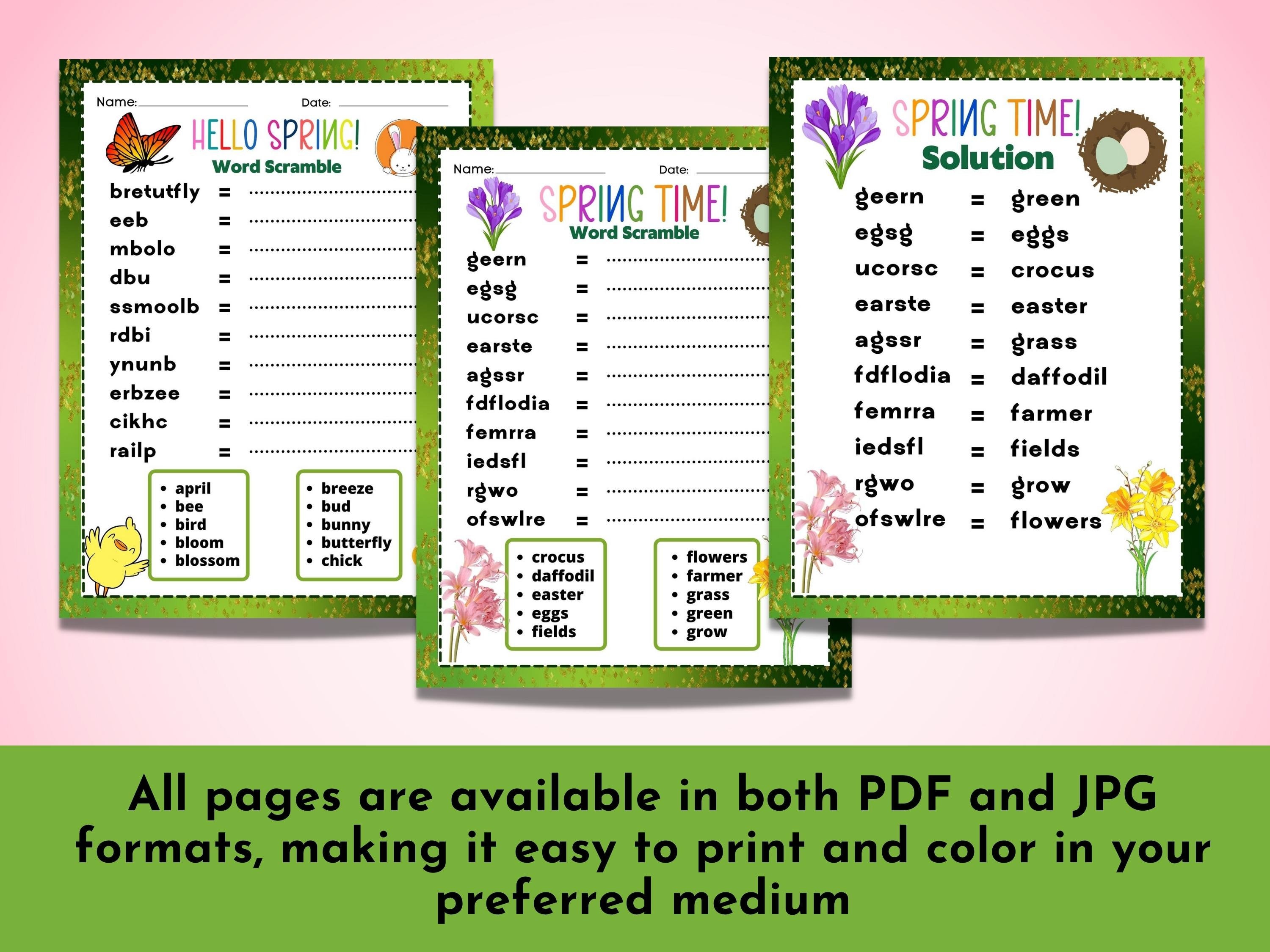 Printable Spring Easter Word Scramble Puzzles Springtime Games April ...