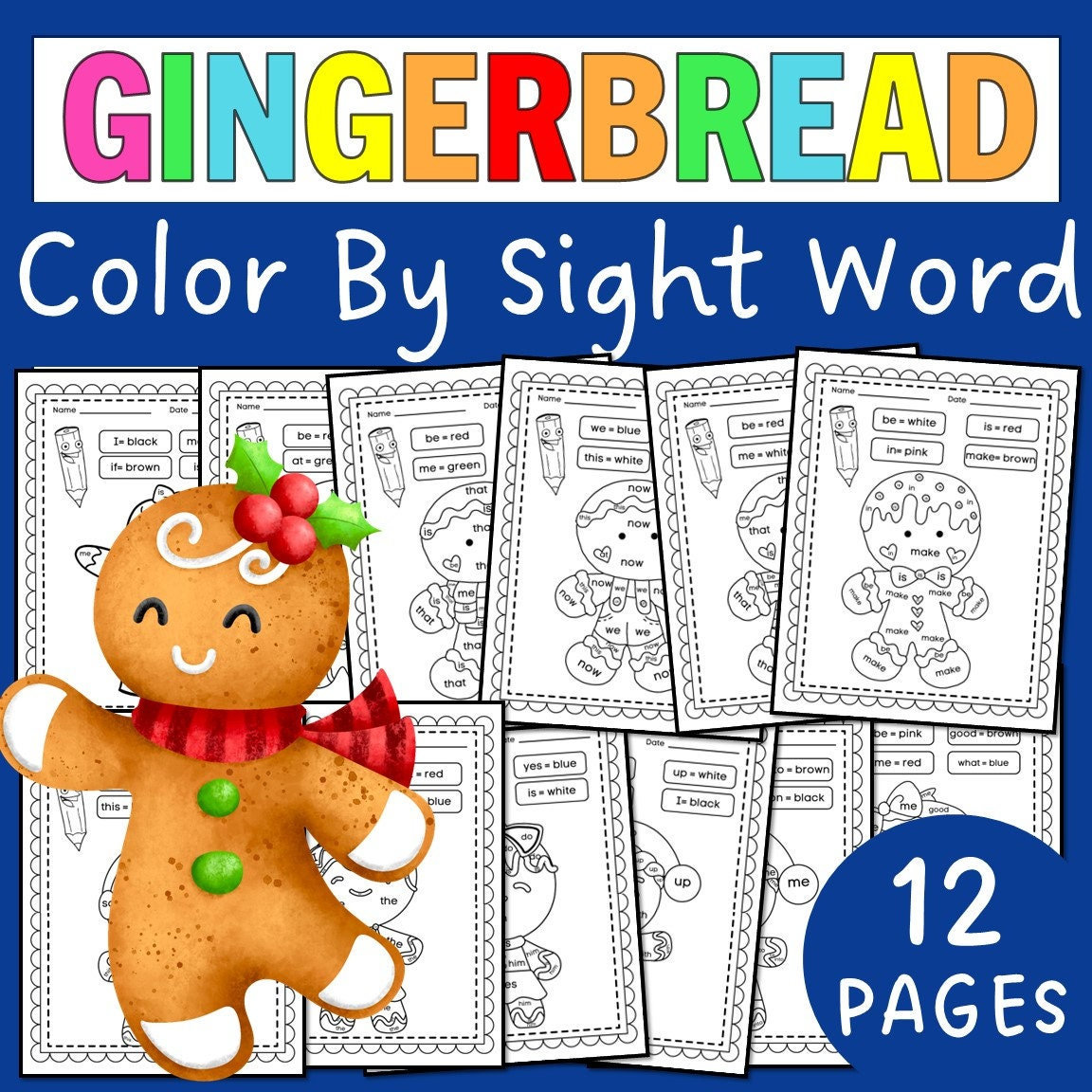 Gingerbread Man Color by Sight Word Worksheets Gingerbread Man ...