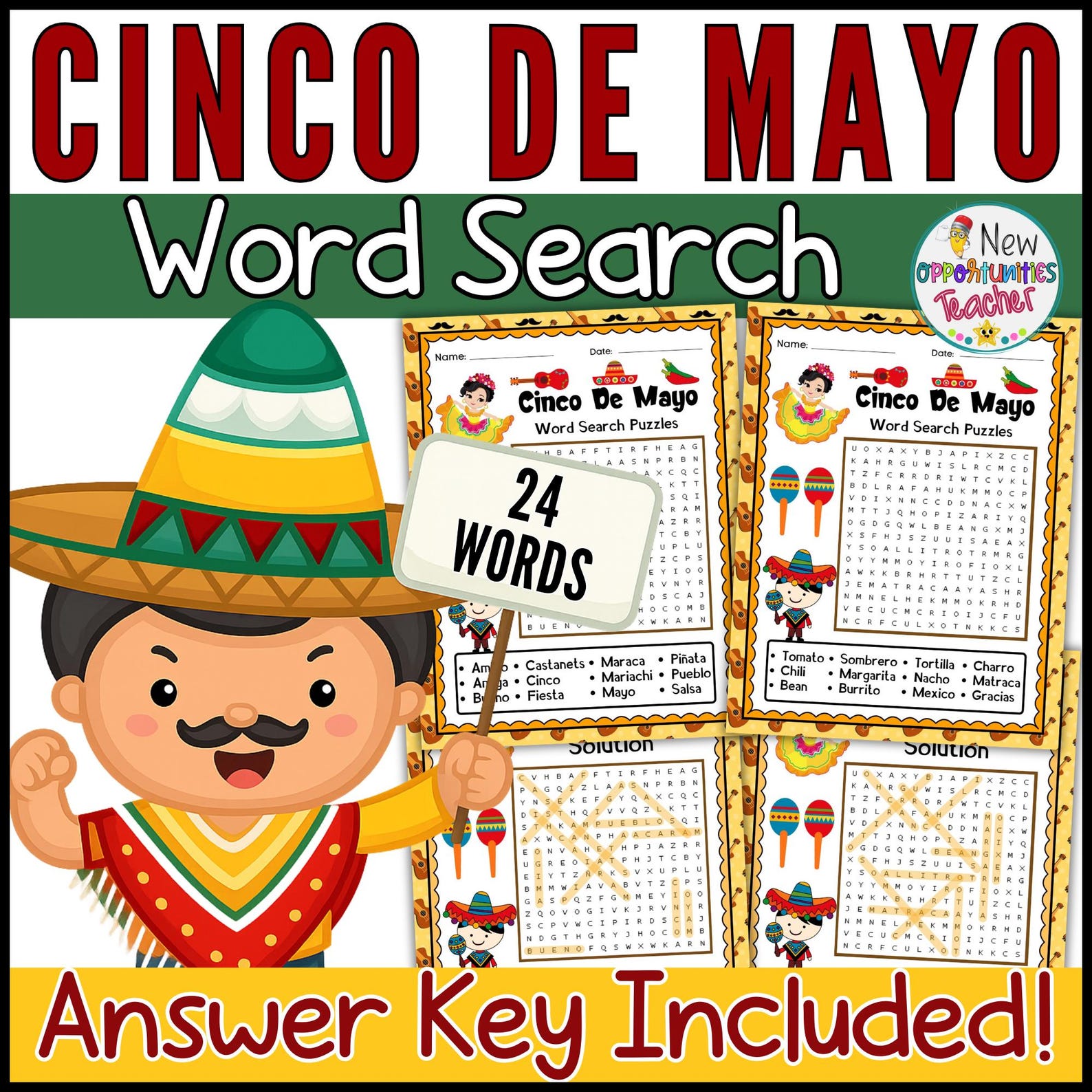 Cinco De Mayo Word Search Puzzles | Mexico Spanish Word Game for May 5 ...