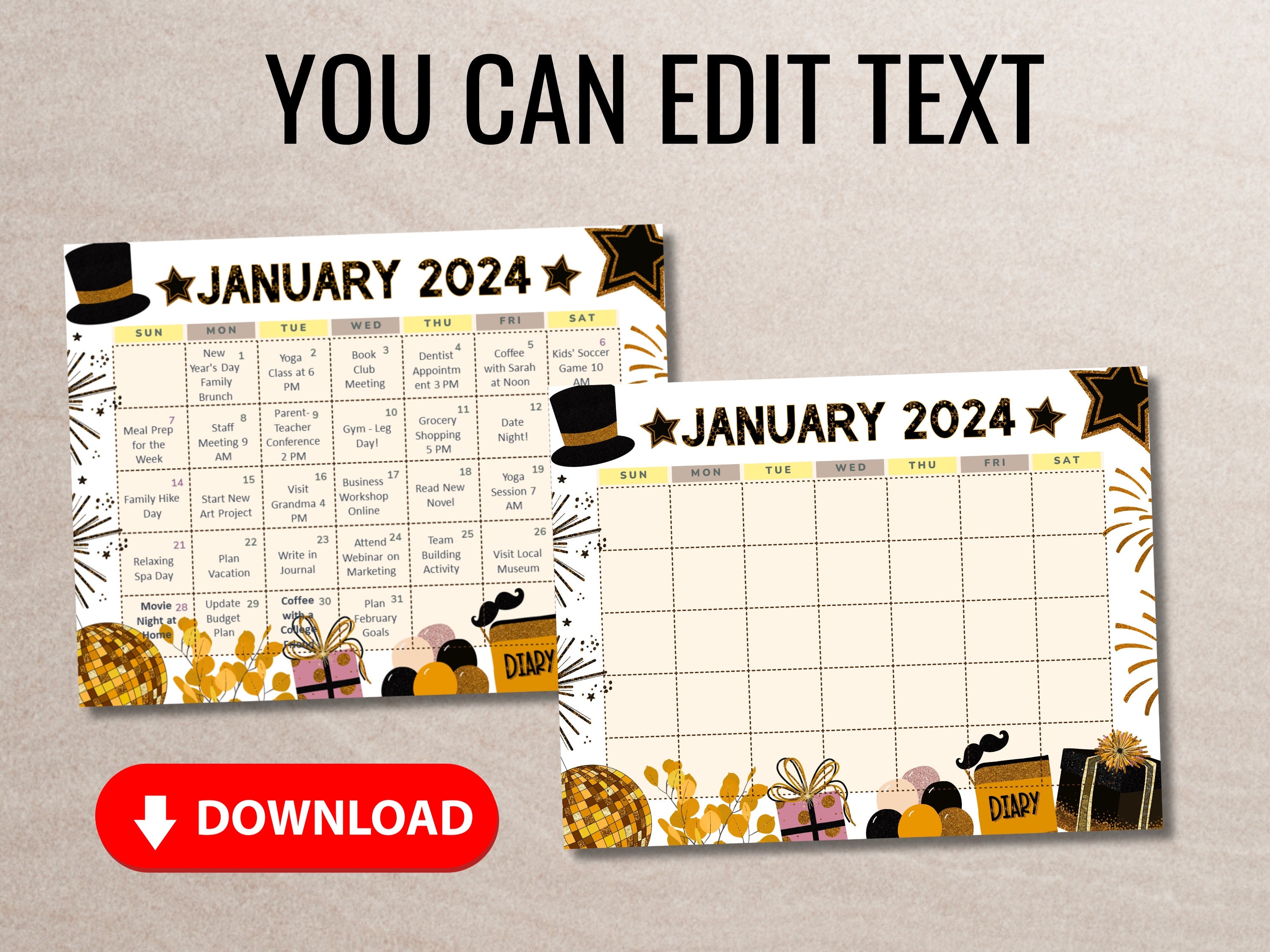 January 2024 Calendar Editable and Printable Powerpoint & PDF - Instant ...