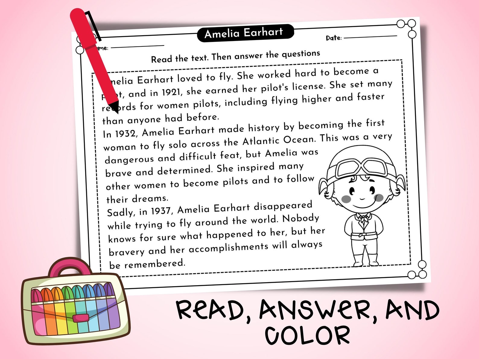 Amelia Earhart Reading Comprehension Passage Women History Month ...