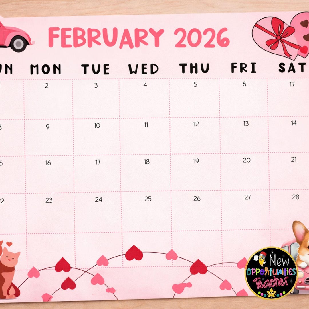 Valentine's Day February 2026 Calendar, Classroom Calendar Printable ...
