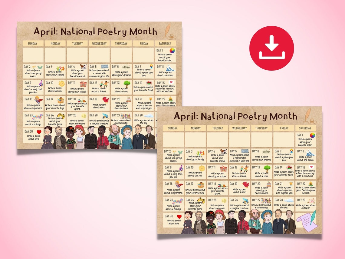 Printable Poem A Day Challenge April Calendar 2023 National Poetry ...