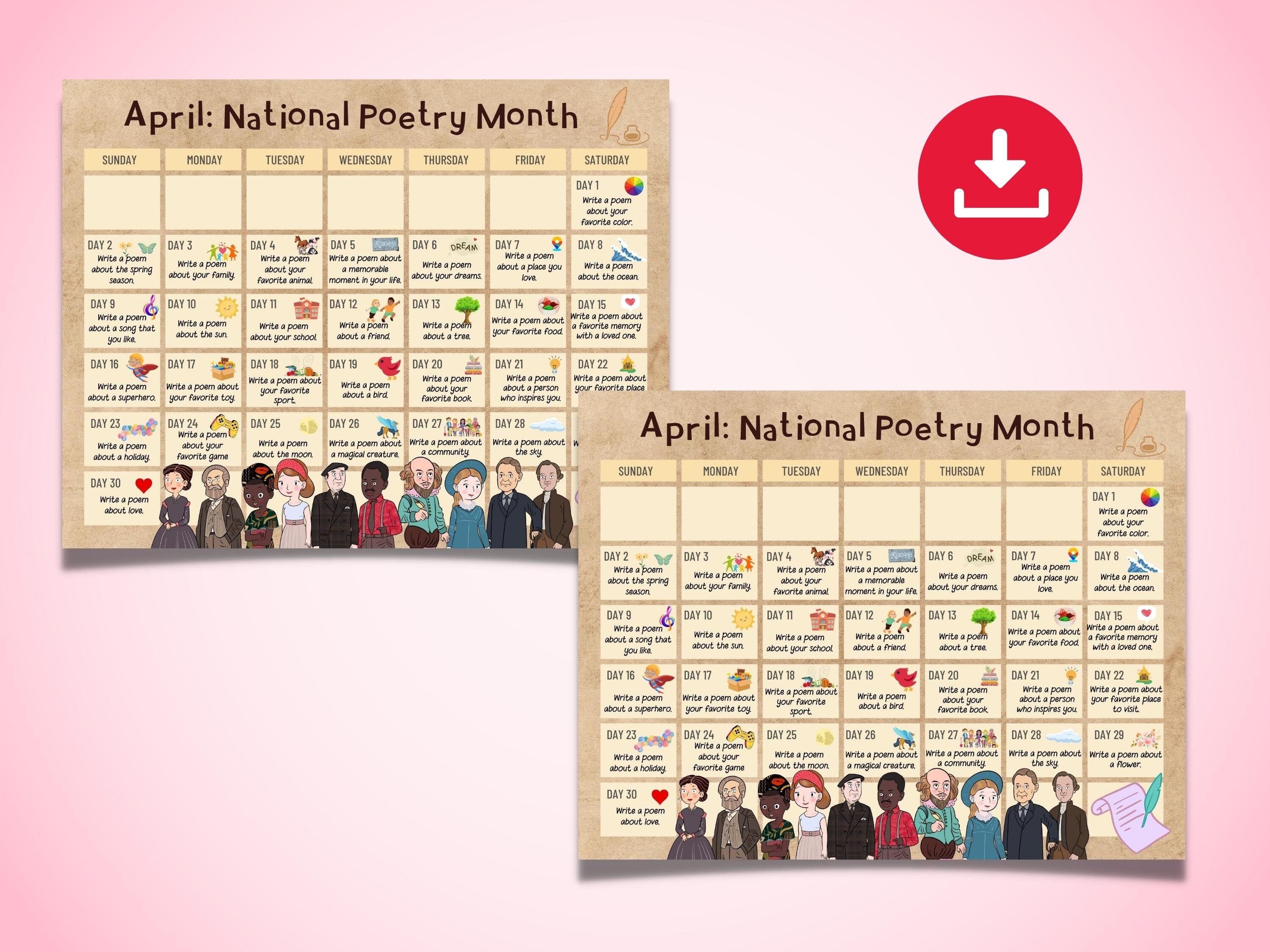 Printable Poem A Day Challenge April Calendar 2023 | National Poetry ...