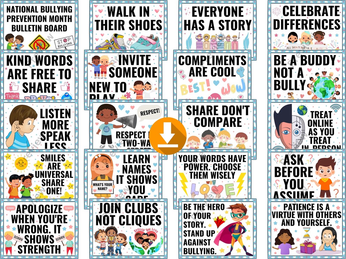 National Bullying Prevention Month Bulletin Board Set - 20 Anti ...