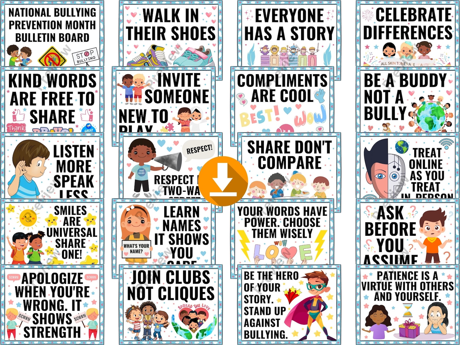 National Bullying Prevention Month Bulletin Board Set - 20 Anti ...