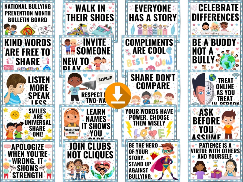 National Bullying Prevention Month Bulletin Board Set - 20 Anti ...